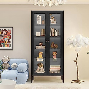 Greenvelly Metal Storage Cabinet, Black Display Curio Glass Storage Cabinet with Glass Doors and 4 Shelves, Tall Glass Bookcase Cabinet Modern Bookshelf Cabinet for Home Office, Living Room, Pantry