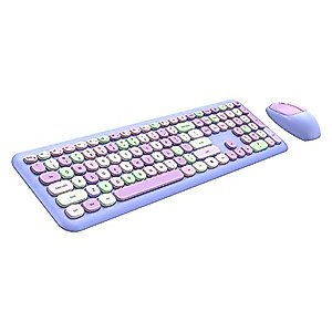 Wireless Keyboard and Mouse Combo, 2.4GHz Full-Sized Colorful Cute Keyboard Mouse Set with Retro Typewriter Flexible Round Keys for Windows, Computer, Laptops, PC Purple Colorful