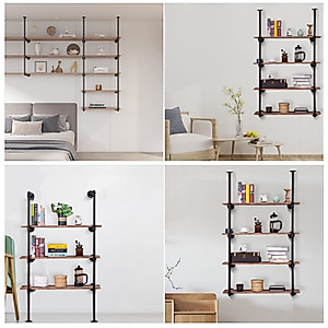 Pynsseu Industrial Iron Pipe Shelf Wall Mount, Farmhouse DIY Open Bookshelf, Pipe Shelves for Kitchen Bathroom, bookcases Living Room Storage, 2Pack of 4 Tier