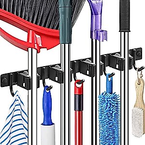 Piyl Broom Mop Holder Wall Mount Broom Hanger Wall Mounted Metal Organization Garage Storage Garden Kitchen Tool Organizer With 4 Racks and 5 Hooks