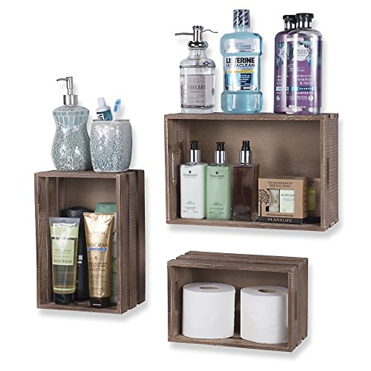 Wallniture Rustic Wine Rack Storage Baskets Wall Mount Wooden Crates Walnut Set of 9