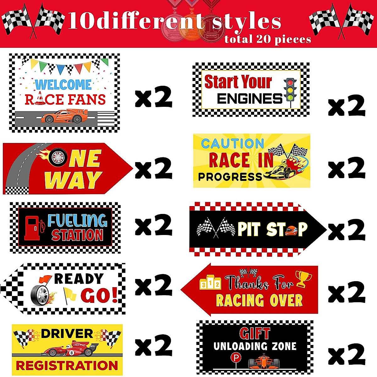 20 Pieces Race Car Party Sign Race Car Party Themed Directional Signs Funny Race Car Sign Car Cutouts Welcome Yard Outdoor Wall Sign Party Supplies Photo Props Backdrop Decoration Party Decor
