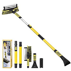 GEJRIO Ice Scraper for Car Windshield, 34.3" to 58.3" Extendable Snow Brush, 5 in 1 Snow Scraper for Car Auto SUV Truck, Yellow