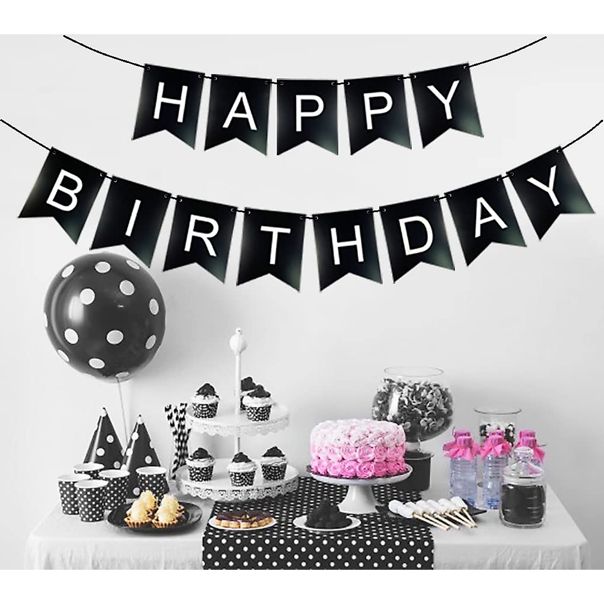 Black Happy Birthday Banner, Black Happy Birthday Bunting Banner with White Letters Birthday Party Decoration Supplies