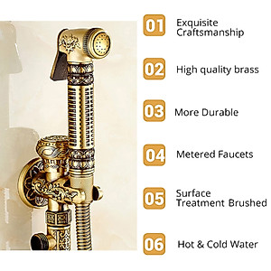 TVBNHU Handheld Toilet Bidet Sprayer, Antique Brass Bathroom Bidet Attachment Set, Wall Mounted Handheld Cloth Diaper Sprayer Kit, Single Cold Bidet Faucet,A