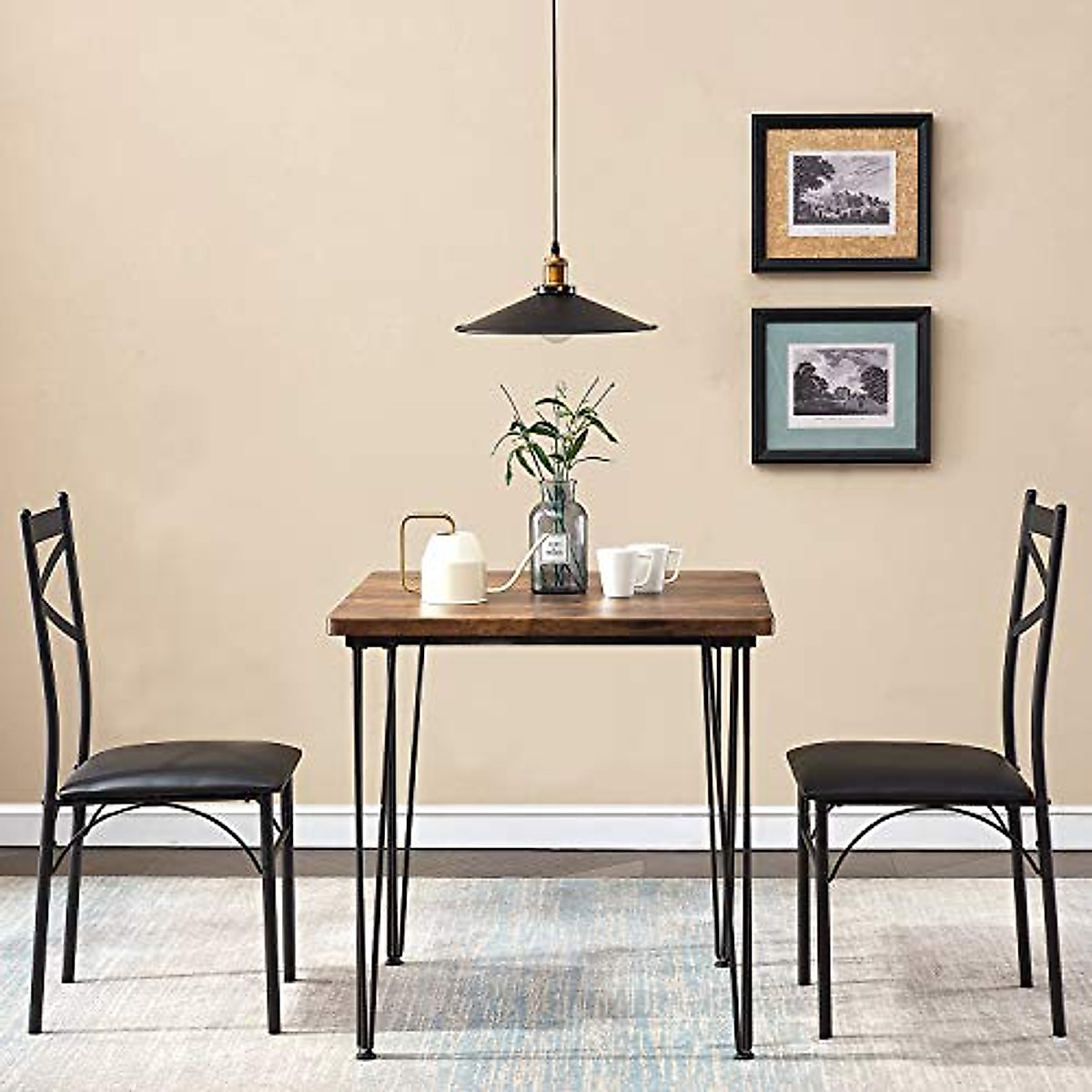VECELO Modern Industrial Style 3-Piece Room Kitchen Pu Cushion Chair Sets for Small Space, Dining Table for 2, Retro Brown and Black