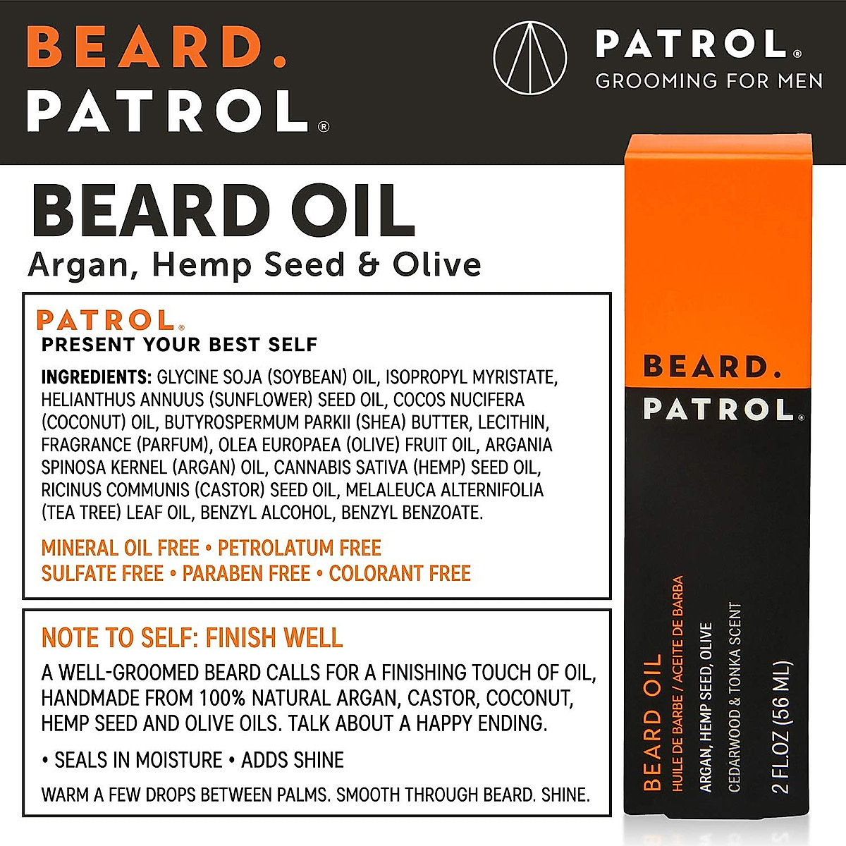 Beard Patrol Men's Beard Oil - Softens, Smooths & Strengthens Beard Growth – Grooming Beard and Mustache Maintenance Treatment - Cedarwood & Tonka