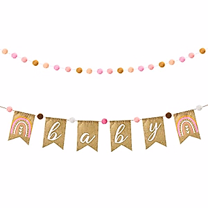 FeelWarm Boho Rainbow Baby Burlap Banner with Pom Pom Garland Bohemia Hippie Pre-strung Swallowtail Flag Banner Wool Felt Balls Hanging Garland Decoration Baby Shower Photo Prop for Neutral Baby