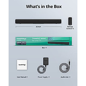 Sound Bar, SOUNDWINGS 26-Inch Soundbar for TV, 3D Surround Sound Audio System, Bluetooth 5.1/USB Connectivity, Button/Remote Control, for 4K & HD TV, 3 Equalizer Mode for Home Theater/Gaming/Projector