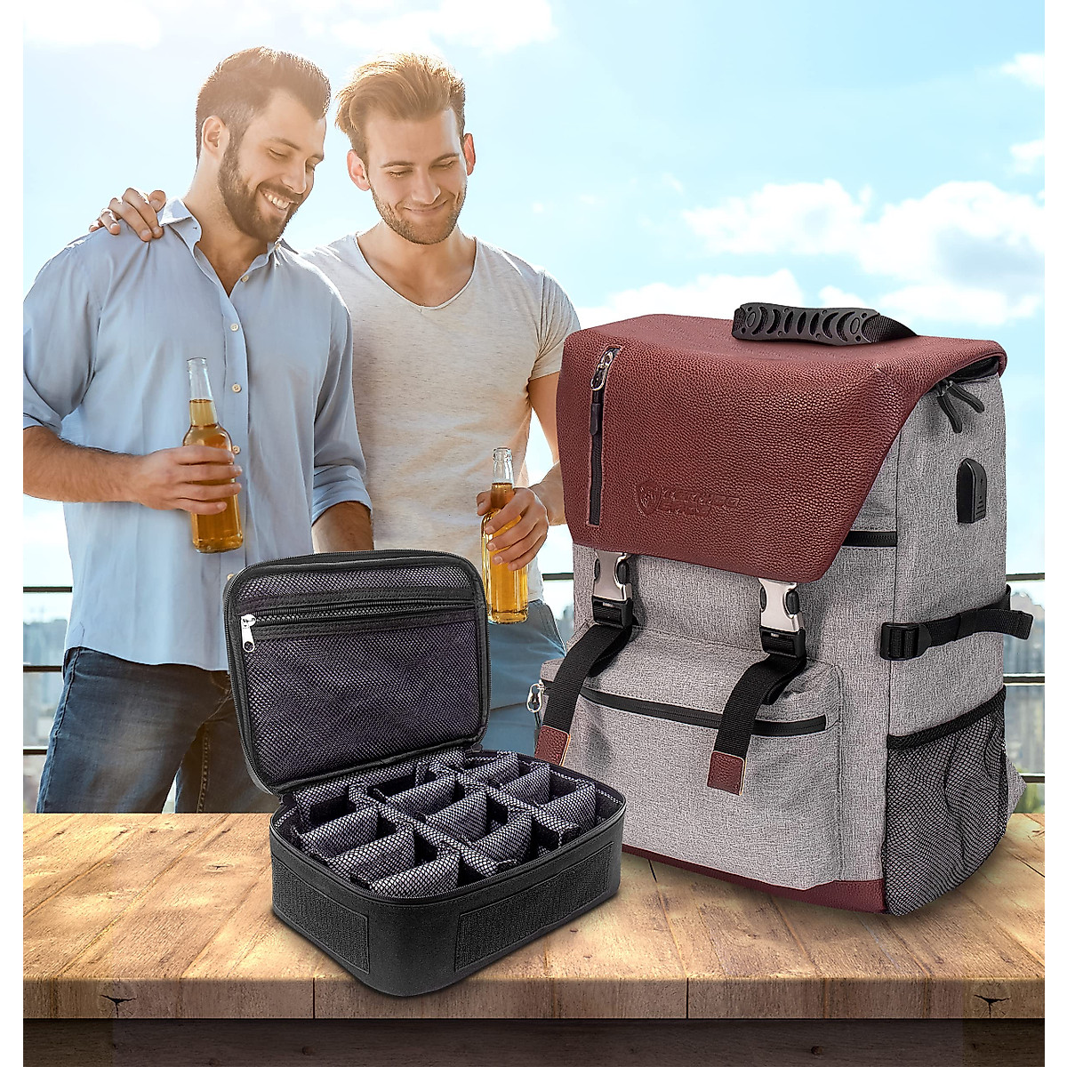 TENYBO Backpack And small Bag With Lock Included - Carbon Lined Bag And Backpack With Laptop Compartment And USB Port (Grey And Brown) Size 17x12 Inches Gift for Him