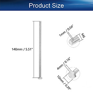 Bettomshin 4Pcs M6 x 140mm Hex Bolts, 304 Stainless Steel 1mm Thread Pitch Fully Threaded Metric Hex Head Screw Bolts, Hexagon Screw Bolt, Hex Tap Bolts, Silver, A2-70 (Overall Size 144x10x10mm)