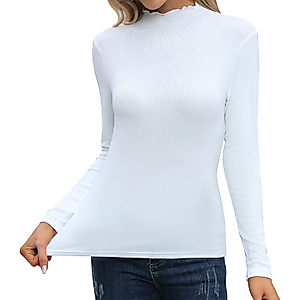 ciciread Women's Lettuce Trim Mock Neck Long Sleeve Slim Fit Sexy Ribbed Knit Tee Shirt Tops (as1, Alpha, l, Regular, Regular, White)