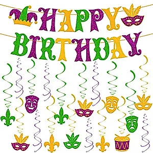 Mardi Gras Birthday Decoration Carnival Happy Birthday Banner Glitter Green Gold Purple Hanging Swirls Decor Fat Tuesday New Orleans Masquerade fleur de lis Theme Festival Party Supplies