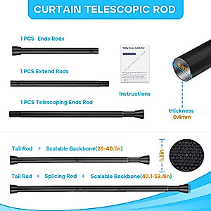 Black Spring Tension Curtain Rod 28-52 Inches, 7/8" Diameter Adjustable Shower Curtain Rod No Drill, Anti-slip Heavy Duty Spring Curtain Rod for Windows Bathroom Kitchen Closet Doorway