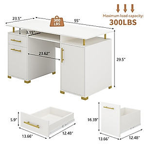 4 EVER WINNER White Desk with Storage, 55 Inch White and Gold Desk with Keyboard Tray, Wood Writing Study Table Home Office Desk with File Drawer, Storage Cabinet, Golden Handles, White
