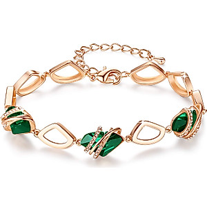Leafael Wish Stone Link Charm Bracelet with Emerald Green Birthstone Crystal for May, Rose Gold Plated, 7"+2"