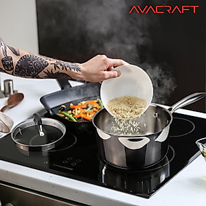 AVACRAFT Stainless Steel Saucepan with Glass Lid, Strainer Lid, Two Side Spouts for Easy Pour with Ergonomic Handle, Multipurpose Sauce Pan with Lid, Sauce Pot (Tri-Ply Capsule Bottom, 3.5 Quart)