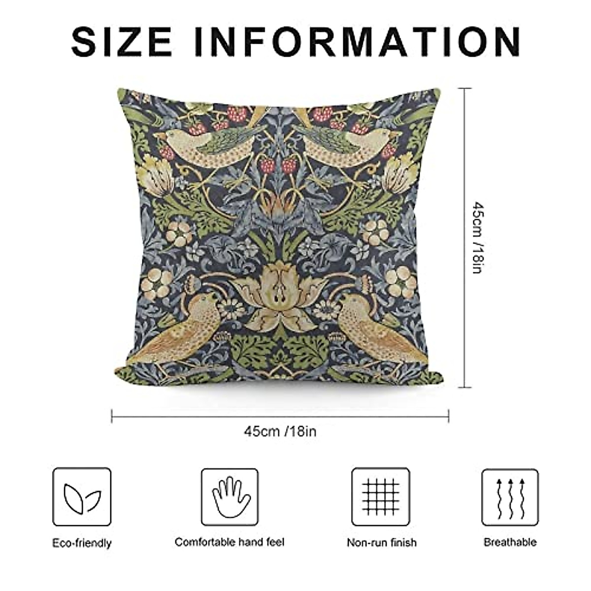 Nebra William Morris Strawberry Thief Original Throw Pillow Covers Cozy Square Throw Pillowcases Home Decor for Bed Couch Sofa Living Room Cushion Cover 18"X18"