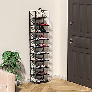 KKEETUR 10 Tier Shoe Rack, Tall Narrow Shoes Rack Storage Organizer 20-25 Pairs Boots Space Saving, Stackable Sturdy Metal Shoe Shelf for Closet, Entryway, Garage, Black