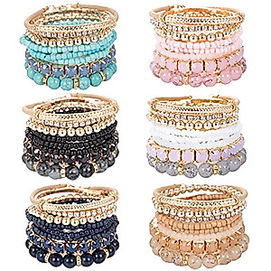 WAINIS 6 Sets Bohemian Stackable Bead Bracelets for Women Multicolor Stretch Beaded Bracelets Layered Bead Adjustable Bracelet Turquoise Stretch Bracelets A