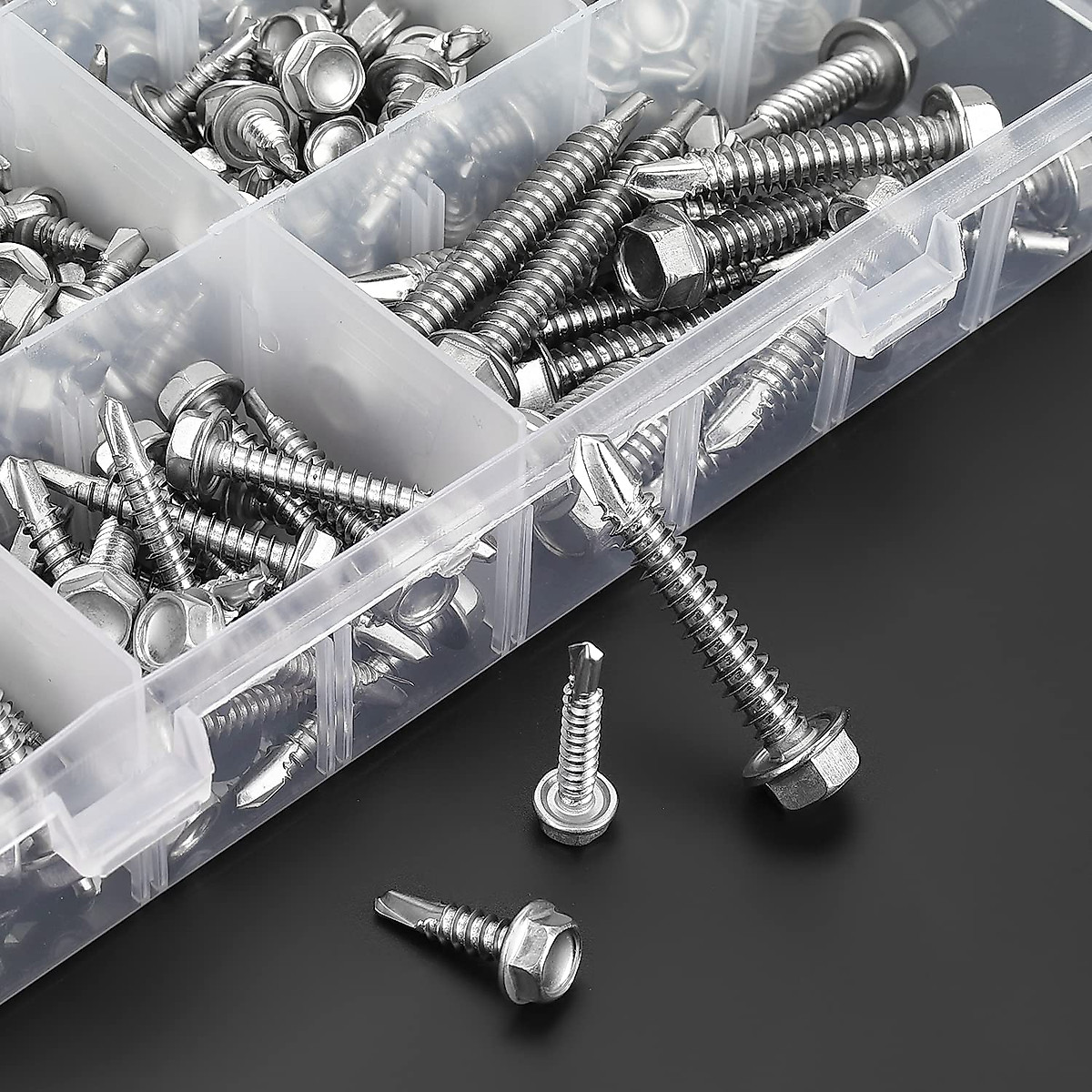HELIFOUNER 320 Pieces #8#10#14 Hex Washer Head Self Drilling Sheet Metal Screws Assortment Kit, 410 Stainless Steel