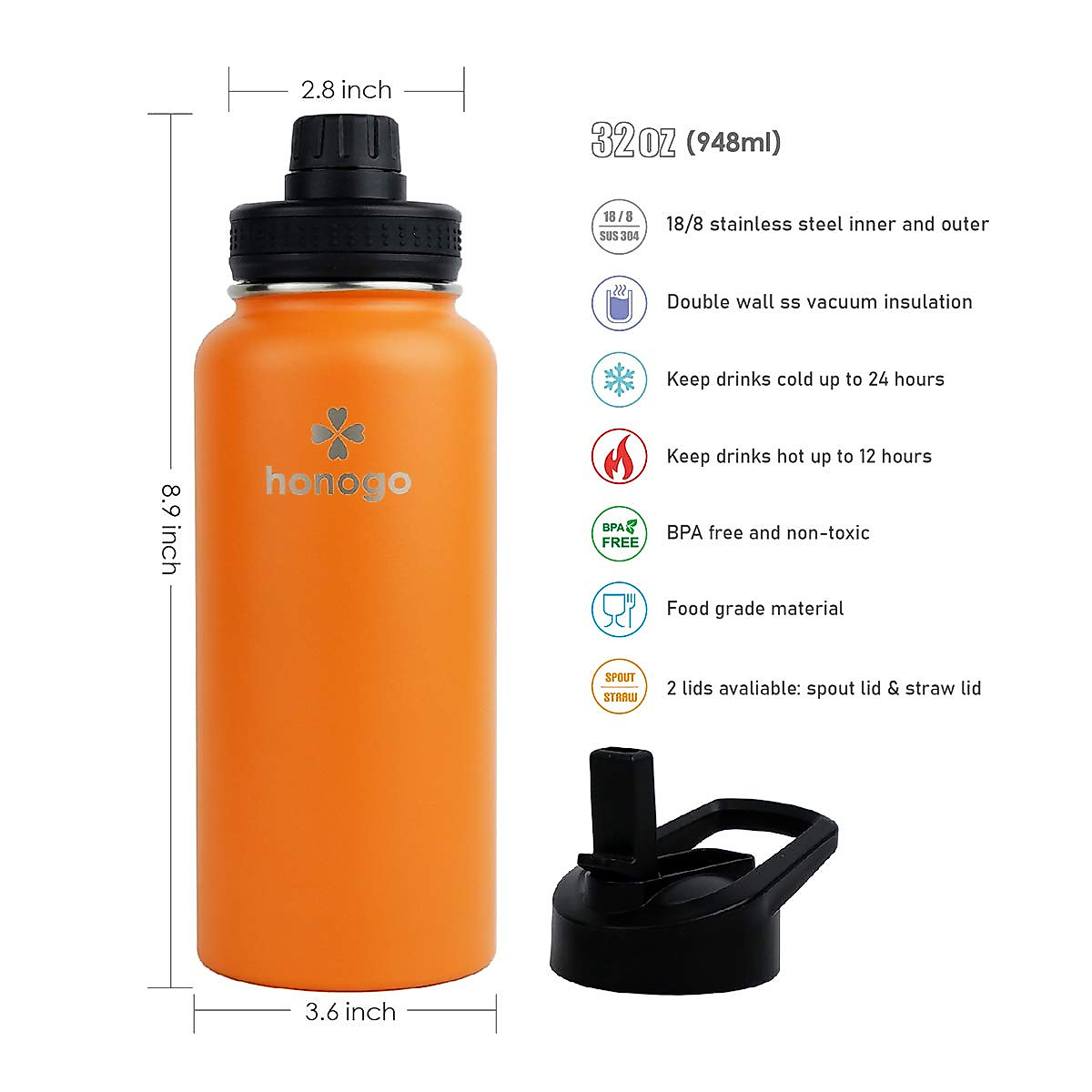 honogo 32 oz Powder Coated Double Wall Vacuum Insulated Sports Water Bottle, 18/8 Stainless Steel Wide Mouth Thermos Flask with Straw Lid & Spout Lid, Leak Proof, Sweat Free, BPA Free (Orange, 32 oz)