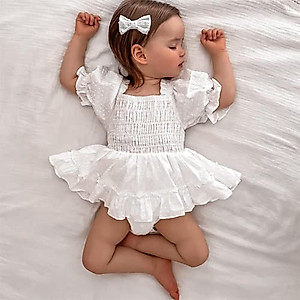 Baby Girls Romper Dress Summer Ruffle Chiffon Smocked Dress Vintage Onesie with Headband Princess Outfit (12-18 Months,White)