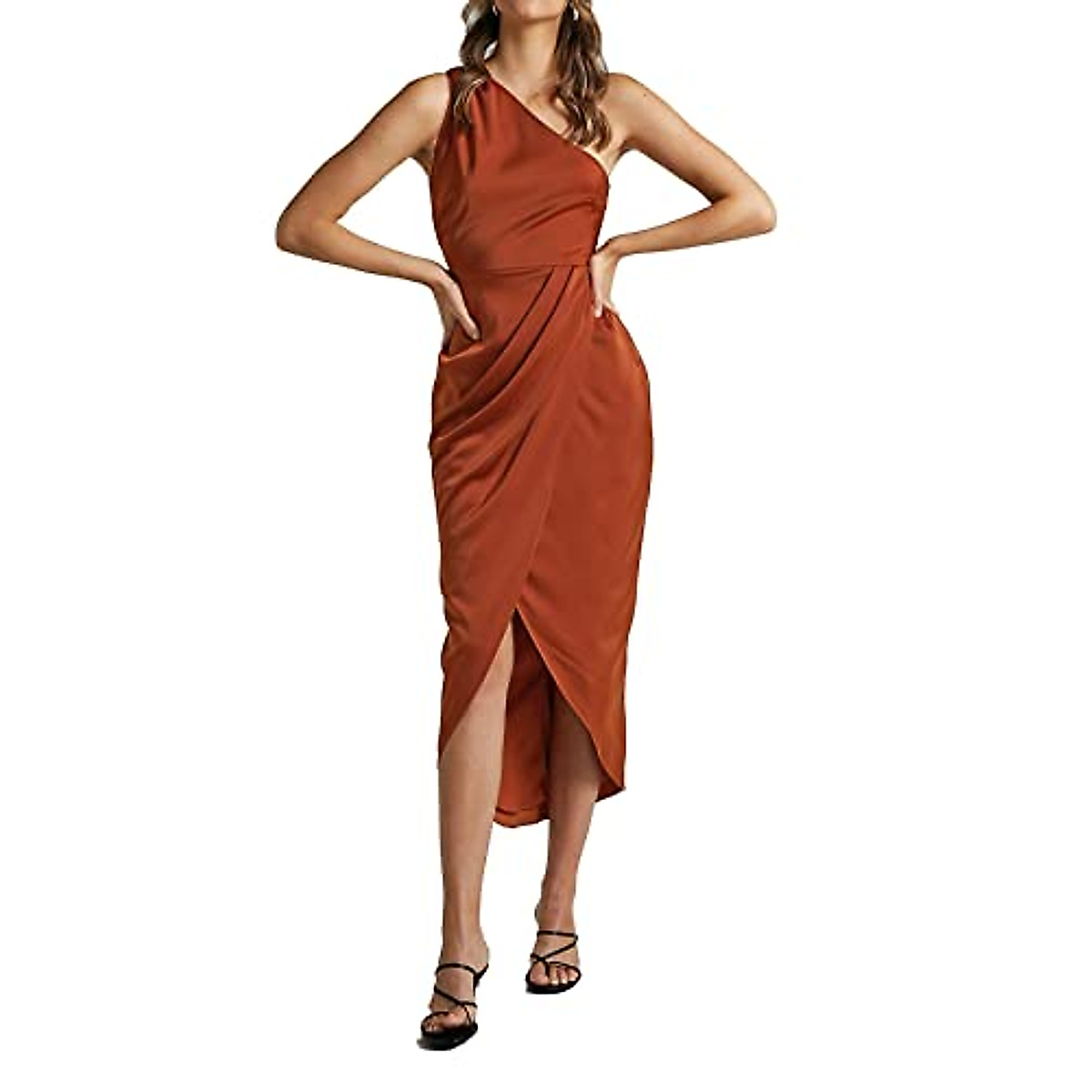 LYANER Women's One Shoulder Ruched Sleeveless Split Slit Wrap Hem Zipper Midi Dress Rust Brown Medium