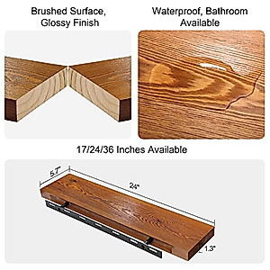 Marsmiles Floating Shelves, 24 Inch Rustic Wood Wall Shelves with Invisible Brackets, Set of 2 Wall Mounted Storage Decor Shelves for Bedroom Living Room Bathroom Kitchen Light Walnut