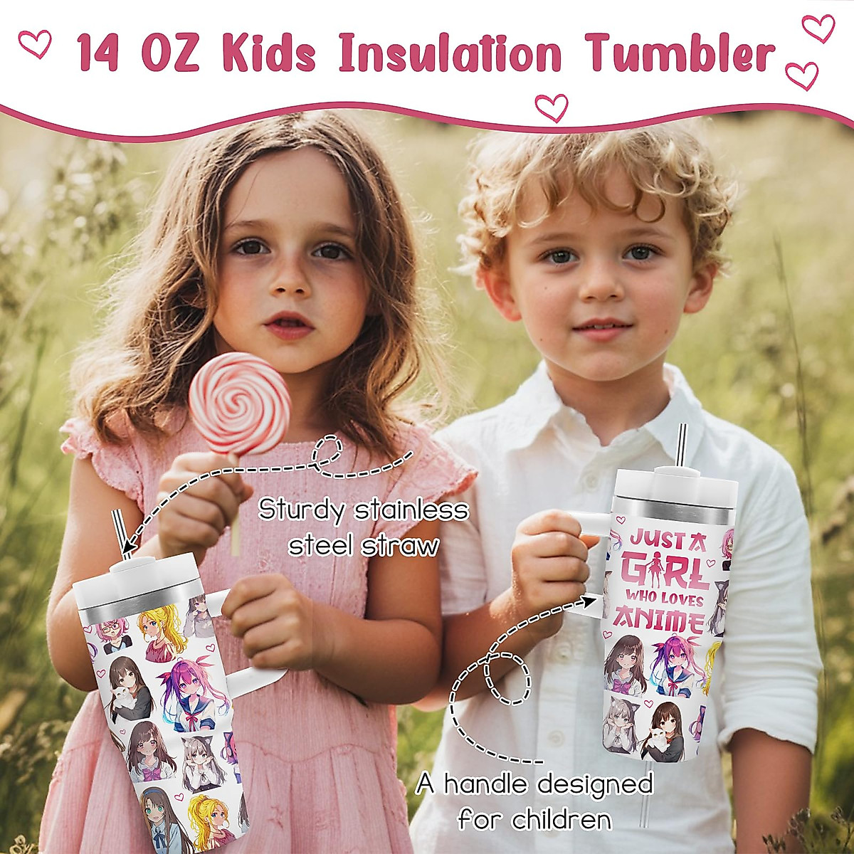 Anime Gifts for Girls, 14oz Anime Tumbler with Handle and Straw for Kids, Stainless Steel Insulated Anime Mug, Birthday Gifts for Anime Lovers, Just A Girl Who Loves Anime