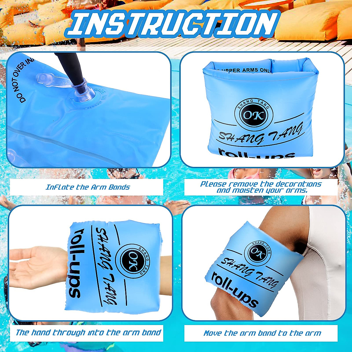 2 Pack Arm Floaties for Adults and Kids, Water Wings Inflatable Arm Swimming Floats Swim Rollup Arm Bands with Inflator Safety Arm Floaties for Swimming Pool Water Sports Party (Yellow)