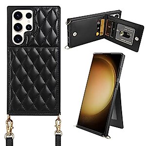 Coolden for Galaxy S23 Ultra Cases 6.8" Quilted Leather Women Luxury Phone Cover Crossbody Strap Kickstand Slim Square Armor Card Holder Slots Wallet Case for Samsung Galaxy S23 Ultra, Black
