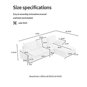 100'' Linen L-Shaped Right-Hand Facing Sectional Sofa with Metal Legs and 2 Pillows(Beige)