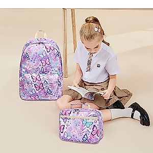 OctSky Backpack for Girls Kids Backpack Elementary Bookbags Teens Middle School Backpack with Lunch Box Water-repellent Lightweight Butterfly Purple