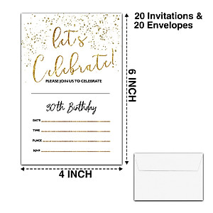 YSTEP 30th Birthday Party Invitations, 20 Invite Cards with Envelopes, 4" x 6" White and Gold Confetti Birthday Invites - C31