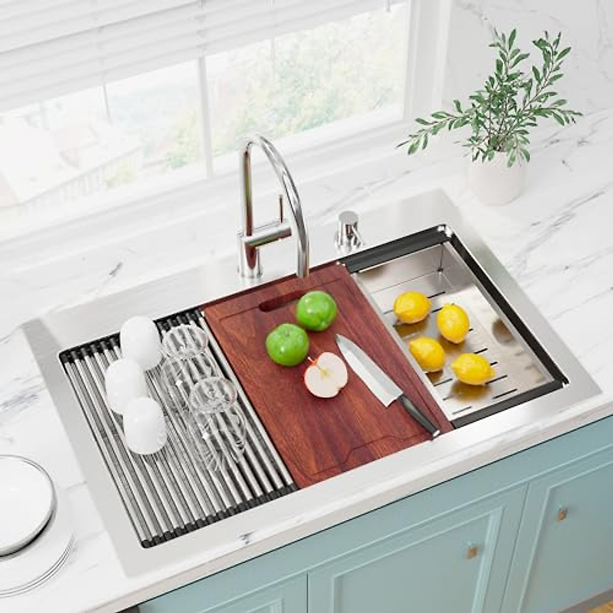 AGABOK 33 Inch Drop In Kitchen Sink, 33x22 Inch Topmount Workstation Sink with Ledge, 18 Gauge SUS304 Stainless Steel Kitchen Sink, 10 Inch Deep Handmade Single Bowl Kitchen Sinks with Accessories