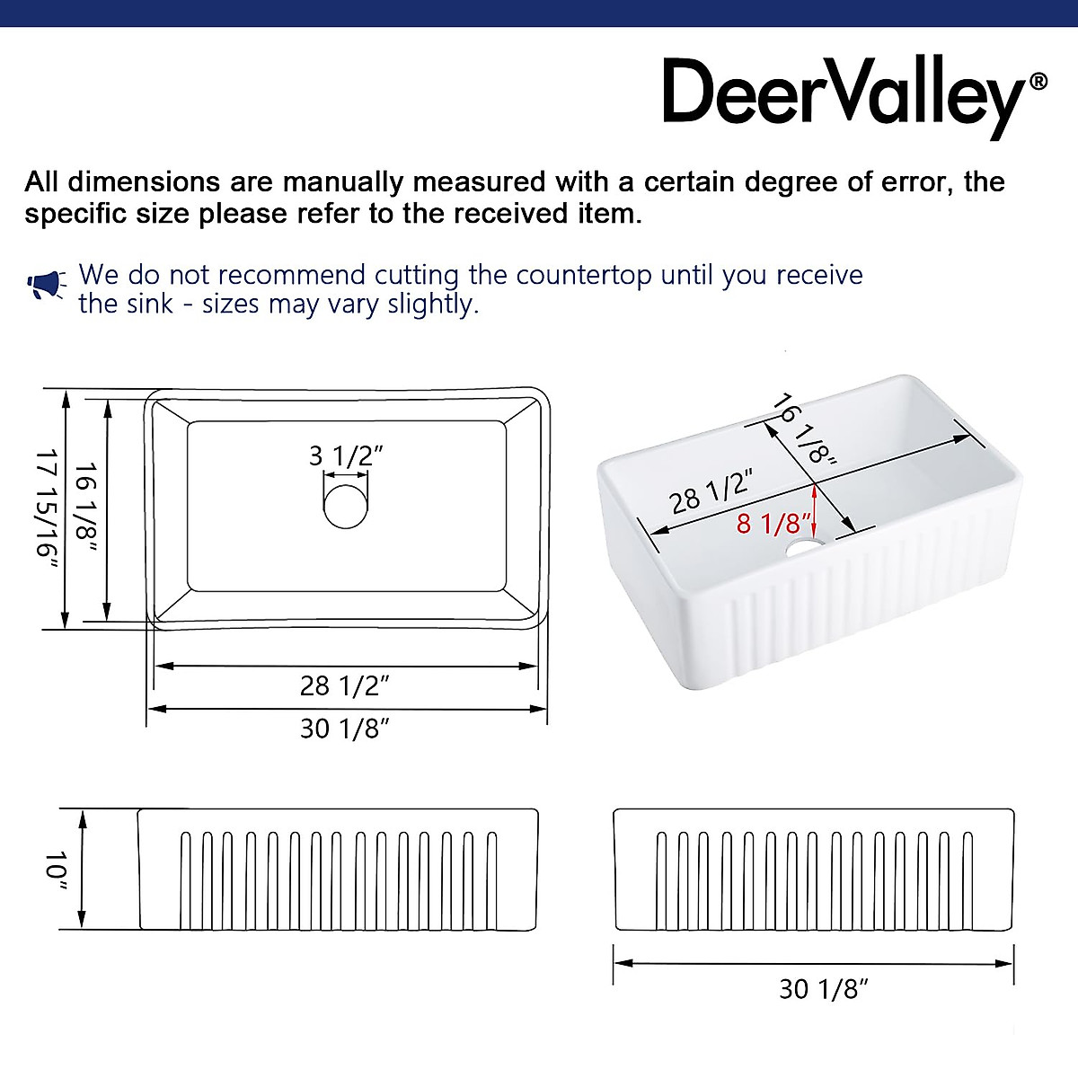 DeerValley Farmhouse Sink, 30" L x 18" W Single Bowl Farm Kitchen Sinks, White Farmhouse Kitchen Sink Apron Front Gloss Farm Sink Ceramic Drop in Apron Front Sink with Accessories