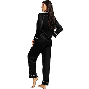 Womens Silk Satin Pajamas Set Sleepwear Loungewear Black L