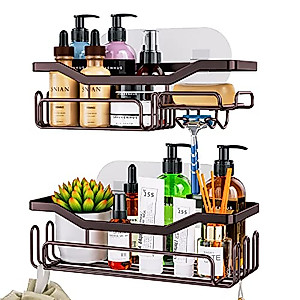 HapiRm Adhesive Shower Caddy Shower Organizer Shelf Build in Shampoo Holder, No Drilling Rust Proof Stainless Steel Shower Storage Rack with 11 Hooks for Hanging Shower Ball and Razor- Bronze