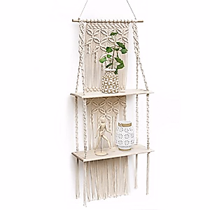 SUMGAR Macrame Wall Hanging Shelves 2 Tier - Boho Hanging Plant Shelf for Wall, Wood Color Woven Rope Floating Shelf, Boho Shelf Window, Bedroom, Bathroom Indoor Wall for Mother's Day, Birthday