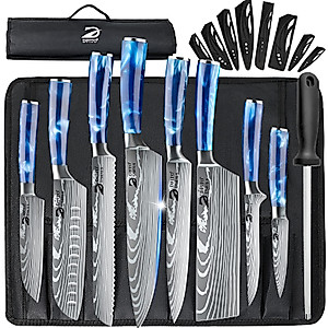 Dfito Chef Knife Sets with Roll Bag, 9 Pieces Professional Knife Set, High Carbon Stainless Steel Kitchen Chef Knife Set, Red Pakkawood Handle, Dishwasher Safe