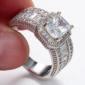 Unique Silver Ring, Cubic Zirconia Wedding Rings Elegant 4 Prong Rectangular Size 7 Jewelry for Women