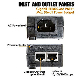 PLUSPOE Gigabit Ultra PoE+ Injector Adapter 60W Power Over Ethernet w/Full Duplex 1000Mbps Speeds, Supports IEEE 802.3af / 802.at/Ultra PoE Devices, Plug & Play