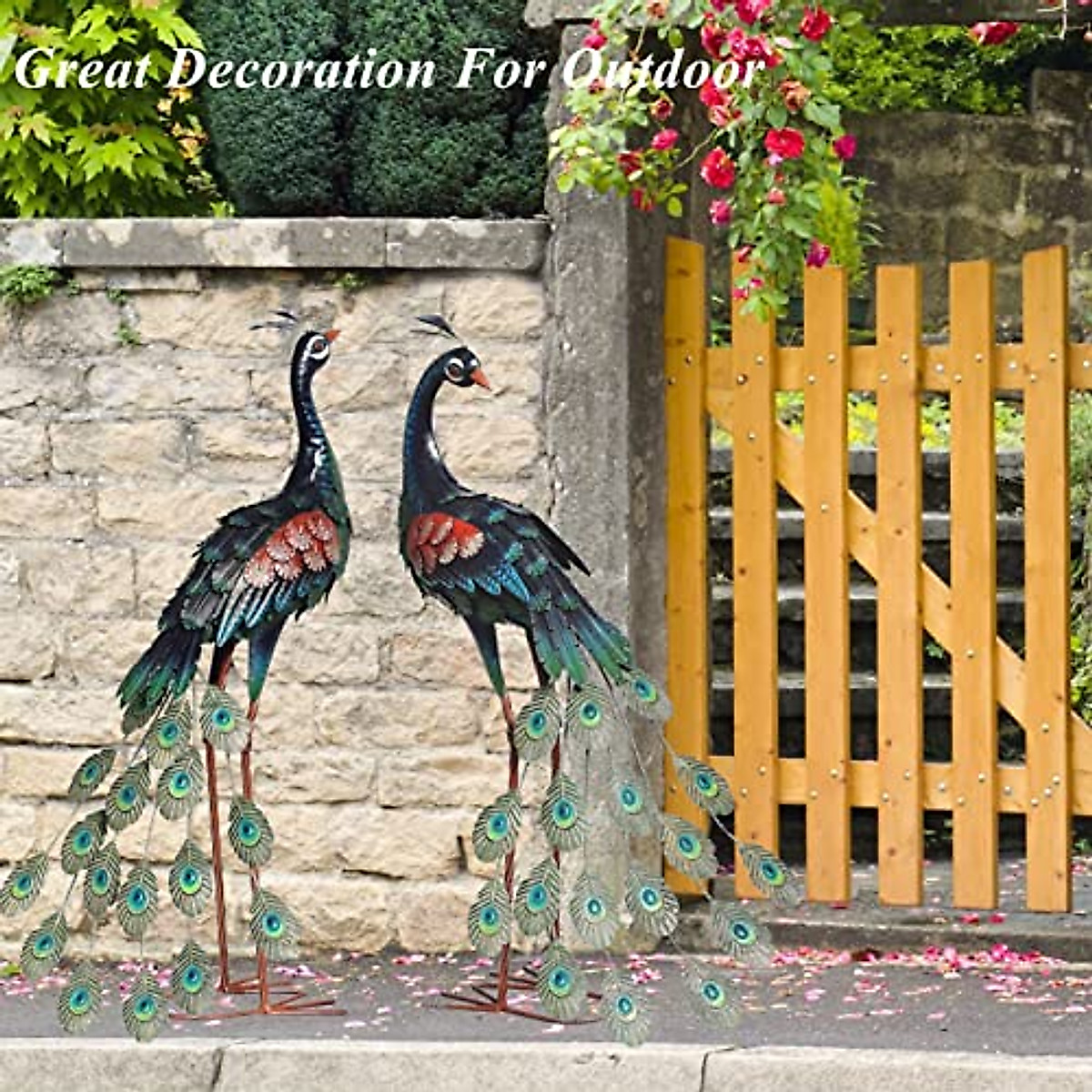 Chisheen Garden Decor Outdoor Statues, Metal Peacock Decor for Outside, Garden Art Sculptures Standing for Patio Yard Lawn Home Decorations, Set of 2