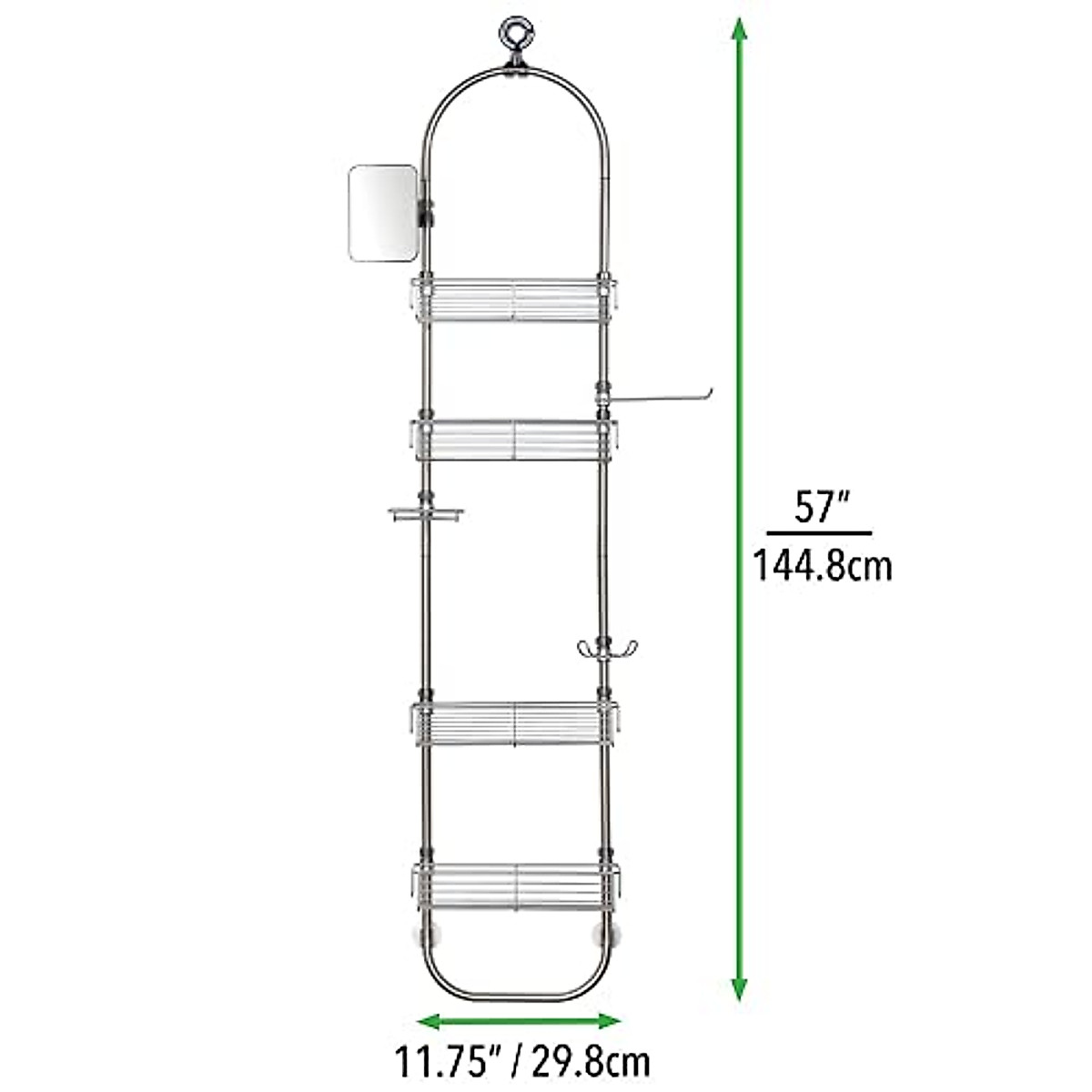 mDesign Metal Bathroom Shower Caddy Station for Shampoo, Conditioner, Hand Soap - Accessory Hook and Towel Bar - 4 Shelf Format, Brushed Stainless Steel