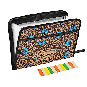 Blue Butterfly Leopard Cheetah Print Expanding File Folder, 13 Pockets Accordion File Organizer with Sticky Labels Zipper Portable A4 Document Organizer for Home Office School Supplies