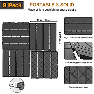 Goovilla Plastic Interlocking Deck Tiles, 9 Pack , 12"x12" Waterproof Outdoor Flooring All Weather Use, Patio Floor Decking Tiles for Porch Poolside Balcony Backyard, Dark Grey