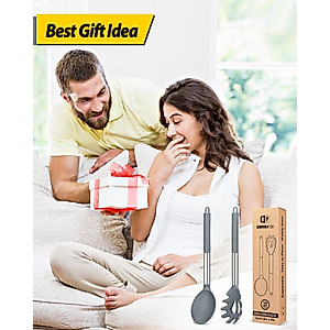 Silicone Pasta Fork and Cooking Spoon Set, Non Stick Kitchen Utensils for Cooking,Stirring,Serving Spaghetti, Soup, Sauce (GREY)
