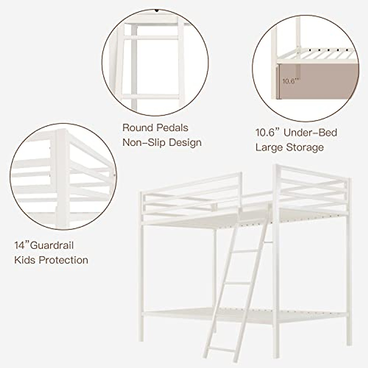 ikalido Metal Bunk Bed Twin Over Twin Size, Heavy Duty Twin Bunk Beds with Safety 14" Guard Rail & Sturdy Inclined Ladder, Space-Saving/No Box Spring Needed/Matte White