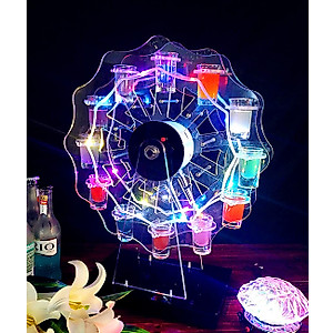 Liquor Shelves Ferris Wheel Tequila LED Liquor Bottle Display Shelf ,Ice Wine Stand, Colorful Light Spinning Stand with 12 Glasses Cups, Party Bar Drinking Tumblers Stand for Birthday, Wedding